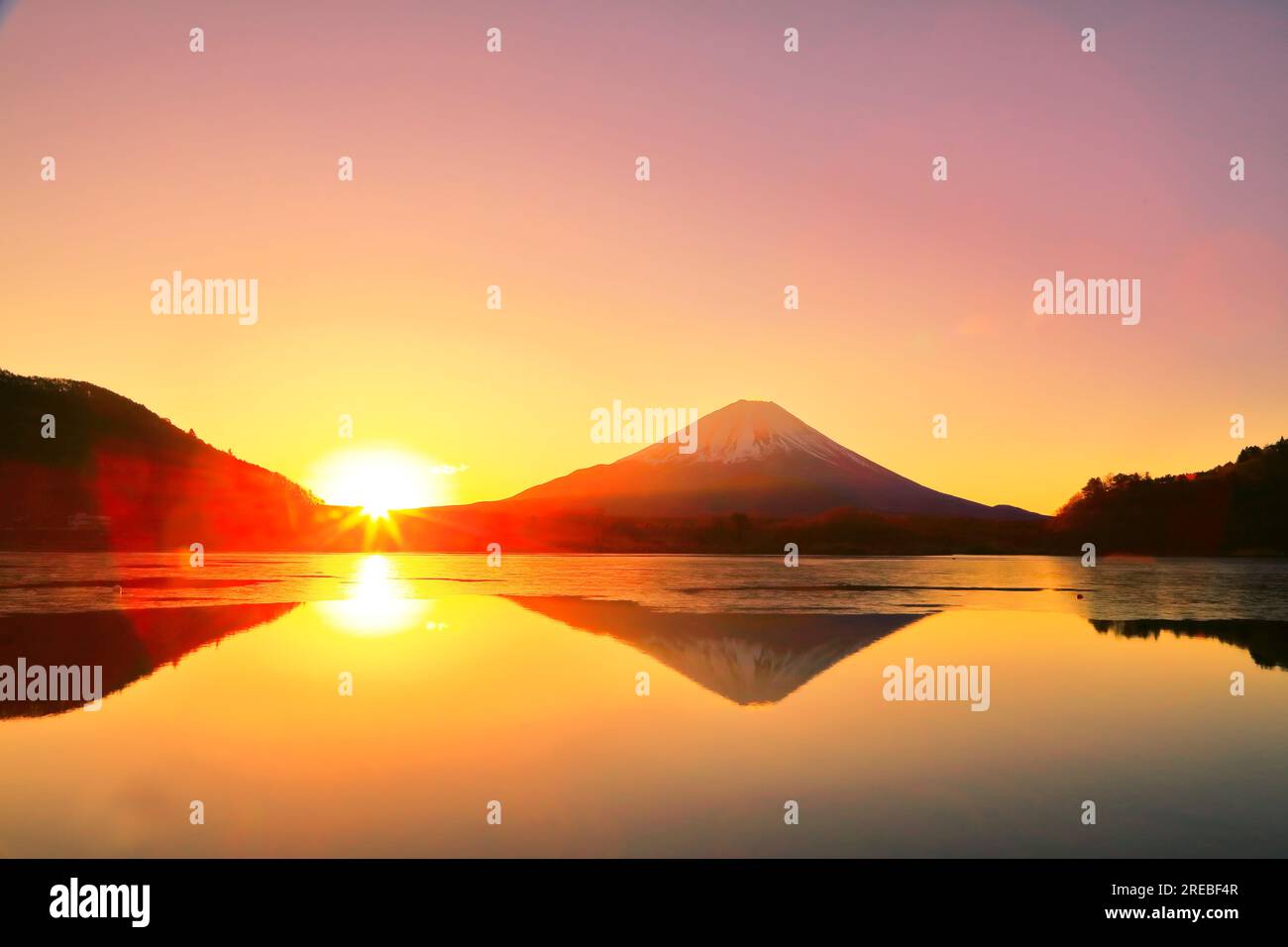 Lake Shojin at sunrise and Mt Stock Photo - Alamy