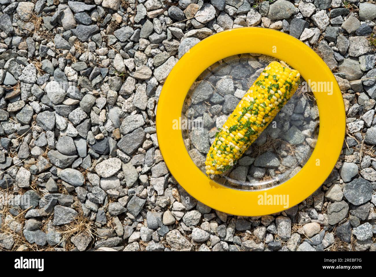 Corn placed on a yellow plate on stones background Stock Photo - Alamy