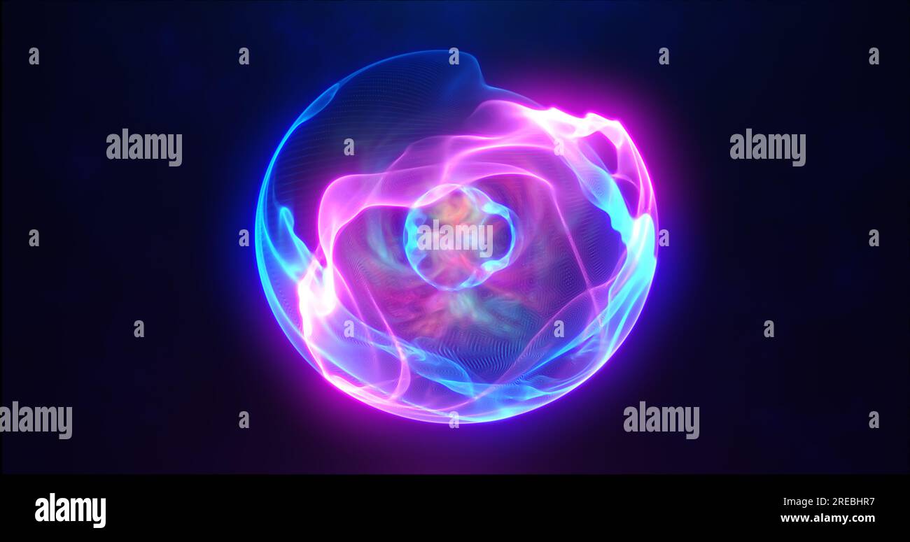 Blue purple energy sphere with glowing bright particles, atom with ...