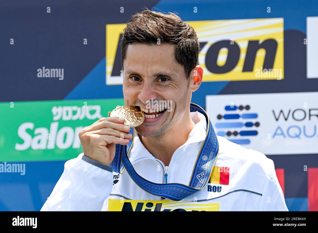 Fukuoka, Japan. 27th July, 2023. Constantin Popovici of Romania shows ...