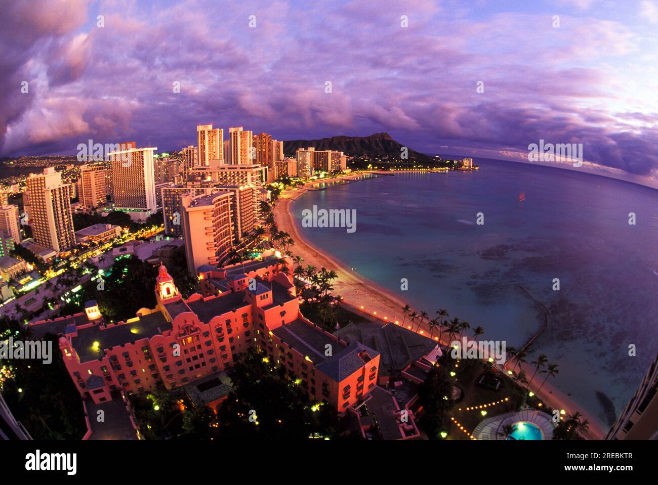 View of Waikiki beach with hotels and Diamond head taken from the top ...