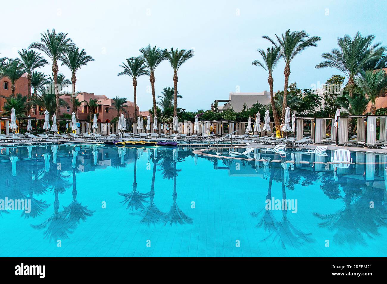 Beautifull empty swimming pool area by in Egypt wide-angle frame Stock ...