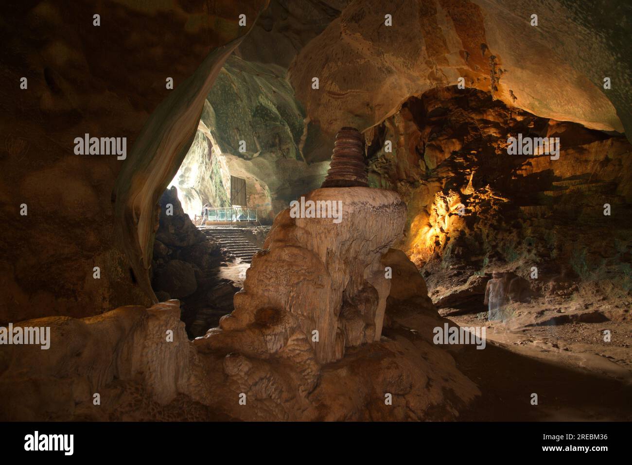 Beautiful stalagmites and stalactite inside the Wat Tham Suwan Khuha or ...