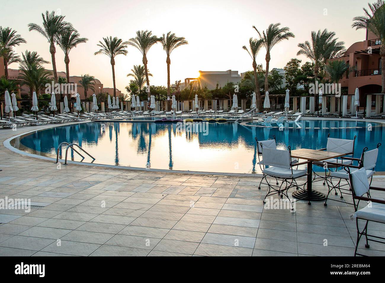 Beautifull empty swimming pool area by in Egypt wide-angle frame Stock ...