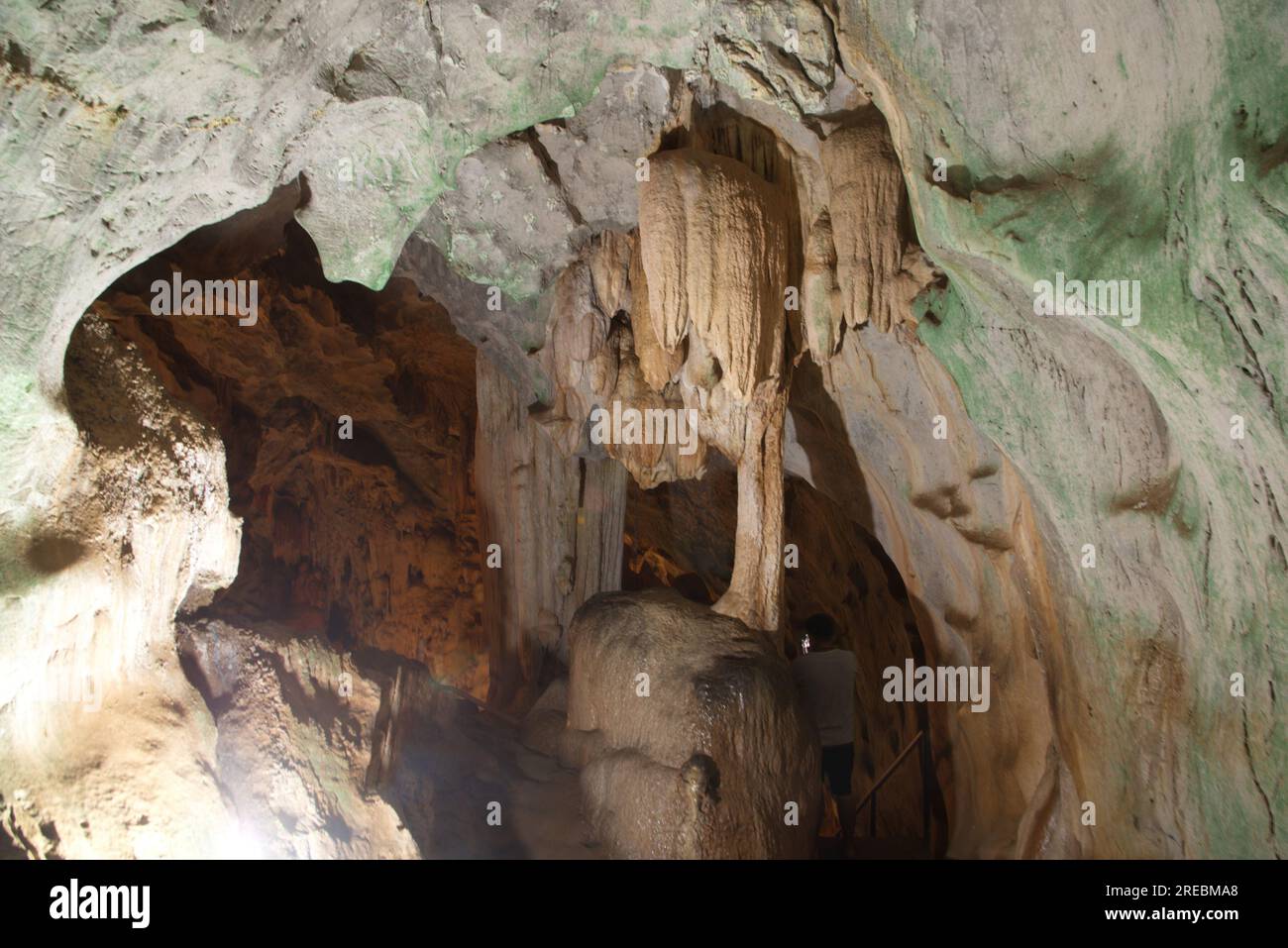 Beautiful stalagmites and stalactite inside the Wat Tham Suwan Khuha or ...