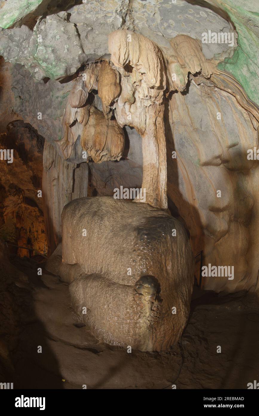 Beautiful stalagmites and stalactite inside the Wat Tham Suwan Khuha or ...