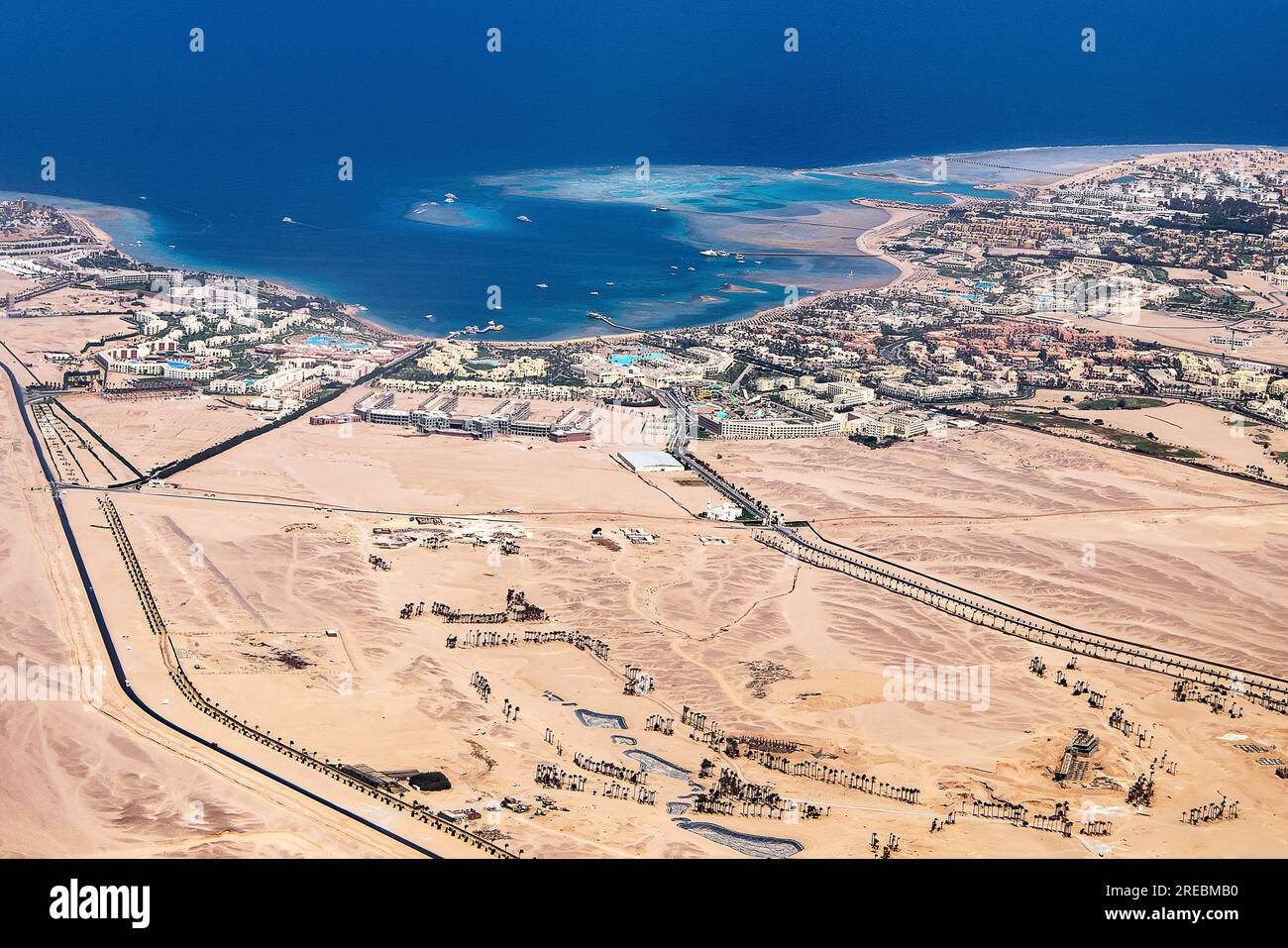 Aerial View of the Red Sea Coast in Hurghada, Egypt with many hotels ...