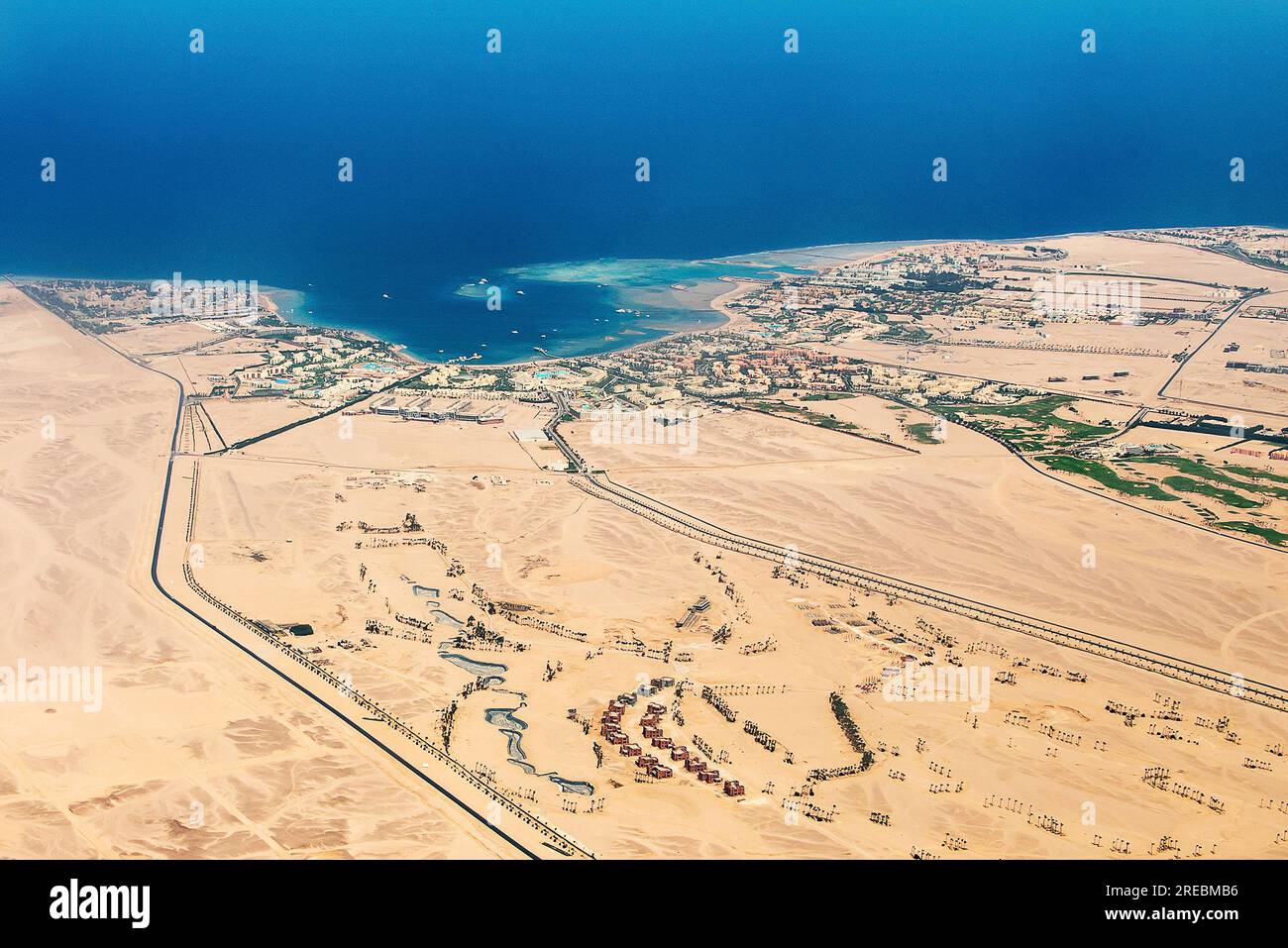 Aerial View of the Red Sea Coast in Hurghada, Egypt with many hotels ...
