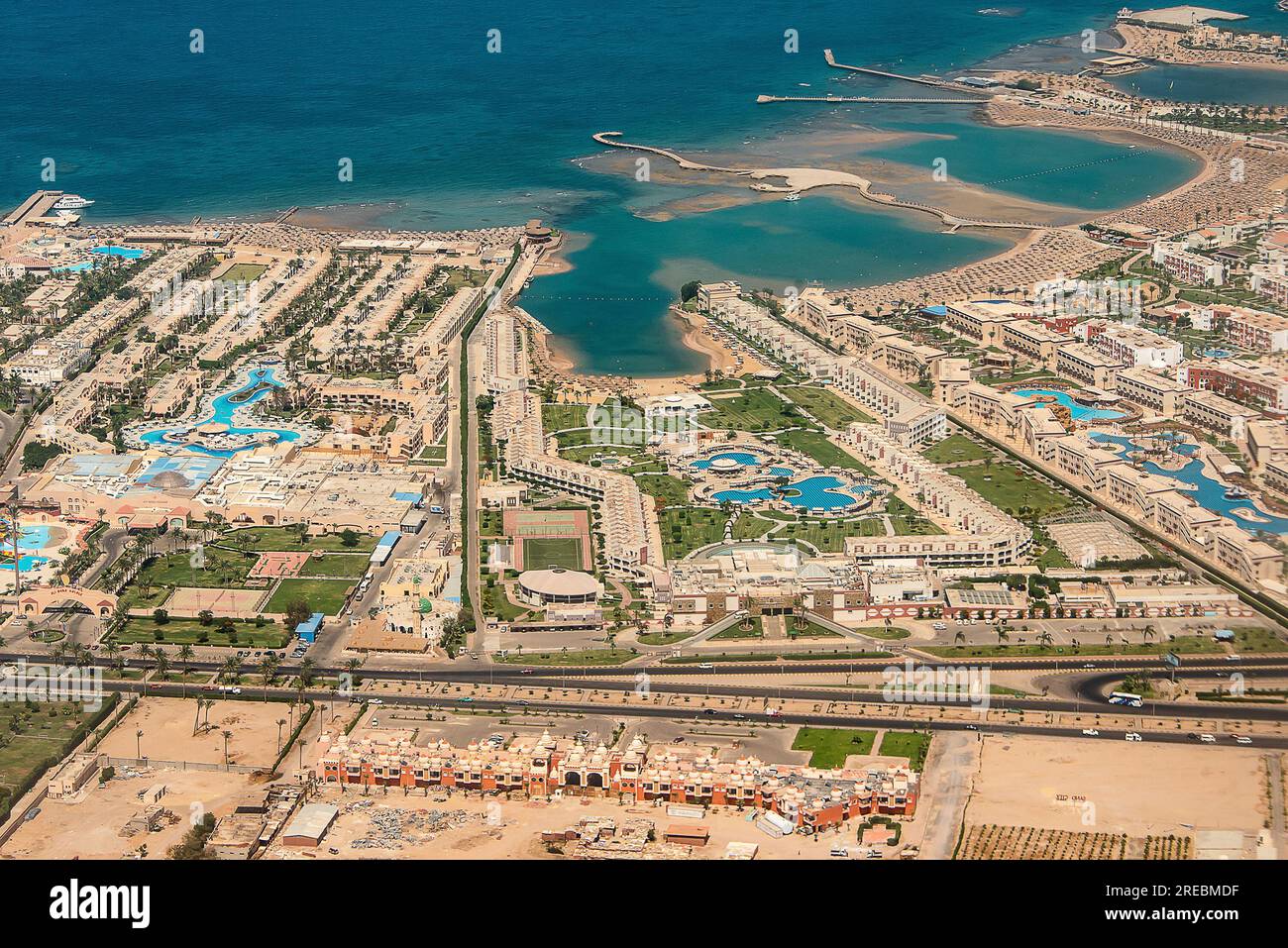 Aerial View of the Red Sea Coast in Hurghada, Egypt with many hotels ...