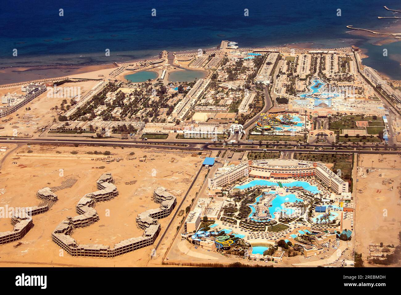 Aerial View of the Red Sea Coast in Hurghada, Egypt with many hotels ...