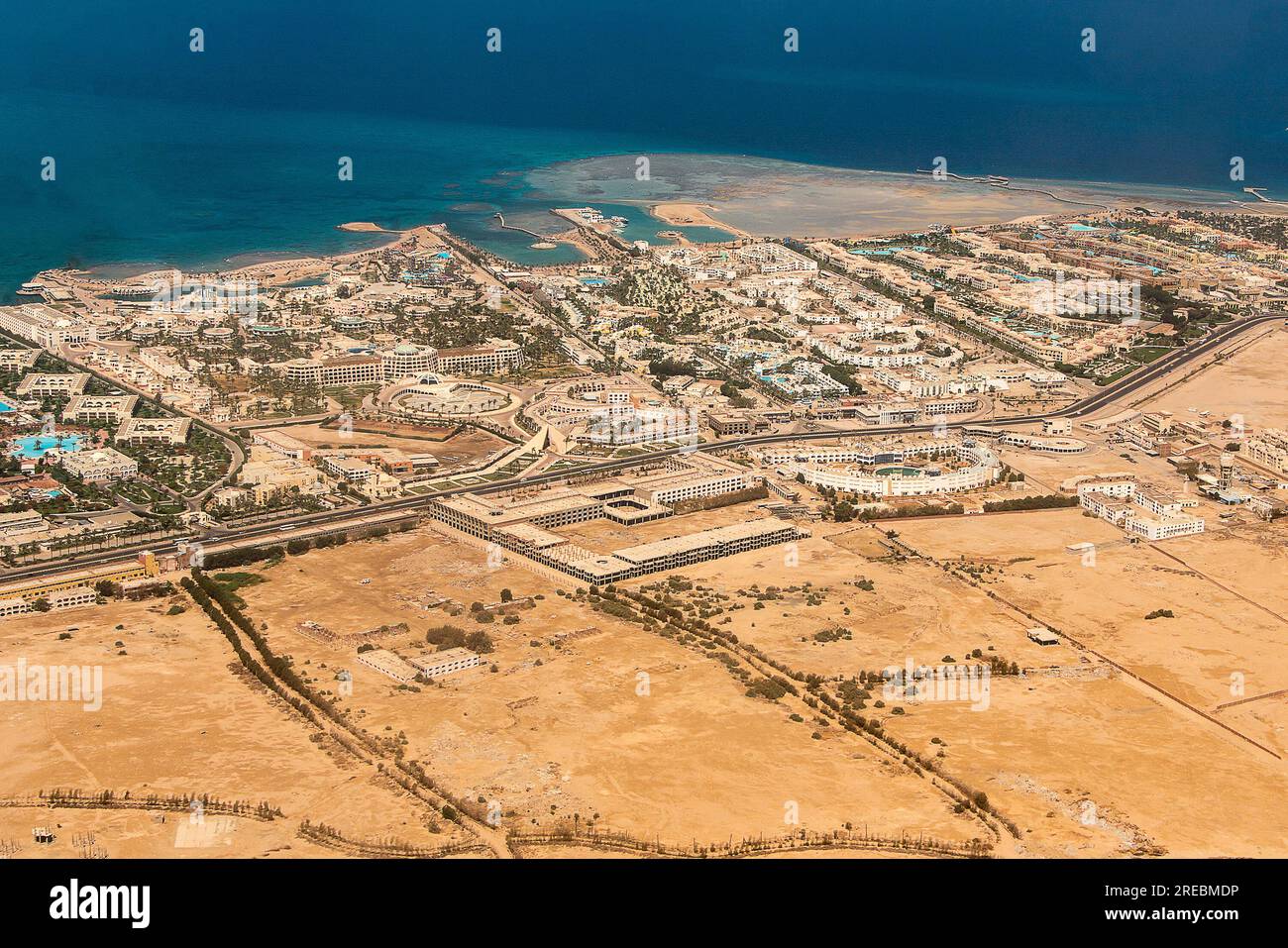 Aerial View of the Red Sea Coast in Hurghada, Egypt with many hotels ...