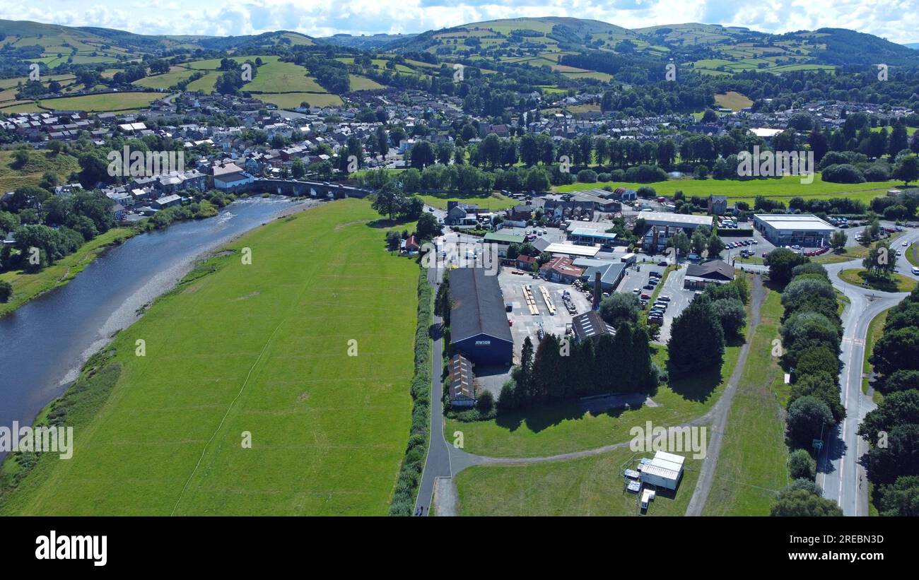 Aerial drone view of the River Wye and bridge at Builth Wells, Powys ...