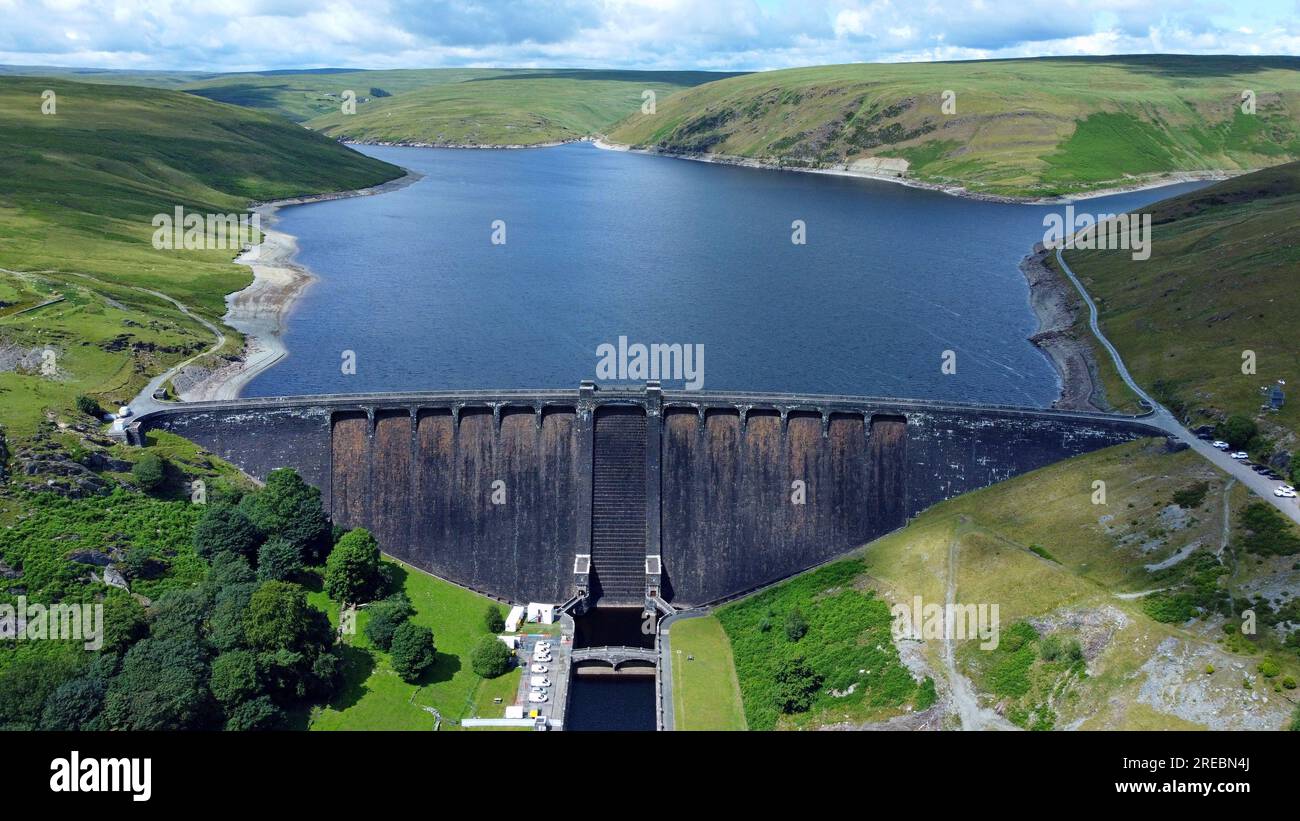 Drone view of the Claerwen Dam and reservoir, Elan Valley, Rhayader ...
