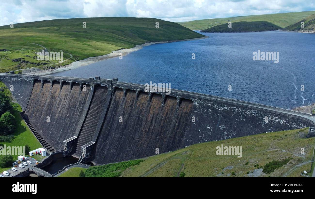 Drone view of the Claerwen Dam and reservoir, Elan Valley, Rhayader ...
