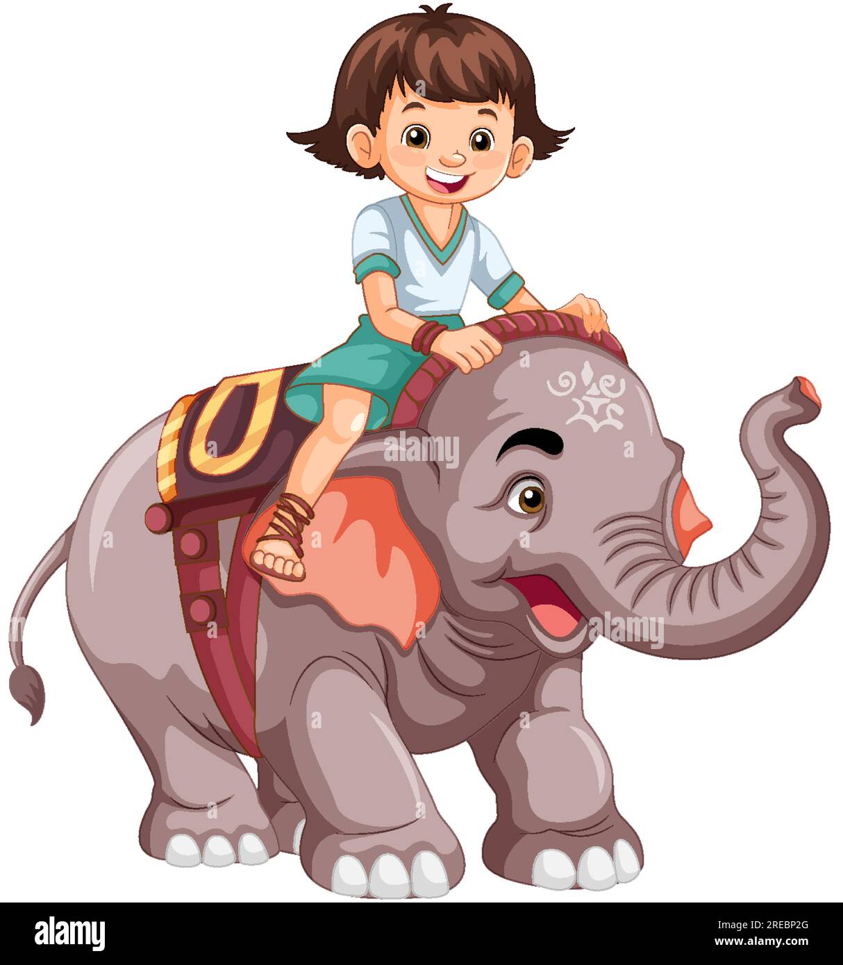 Happy Girl Riding Elephant in Cartoon Style illustration Stock Vector ...