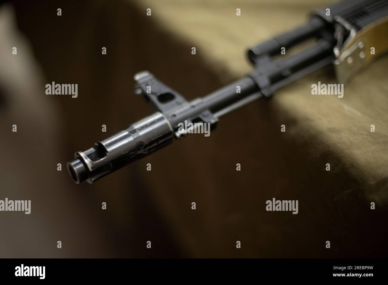 Barrel of machine gun. Russian weapons. Muzzle of firearm. Sight at ...