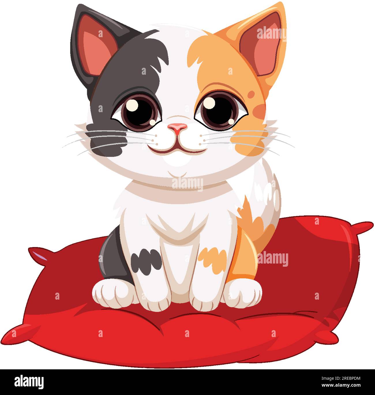 A cute cartoon cat sits contentedly on a colorful cushion Stock Vector ...