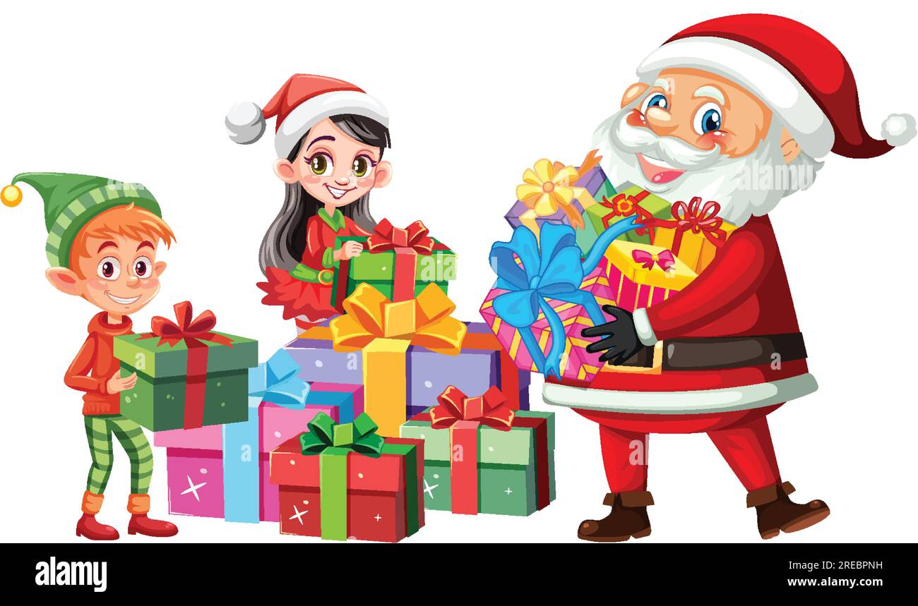 Santa and an elf are working together to wrap a festive Christmas gift ...