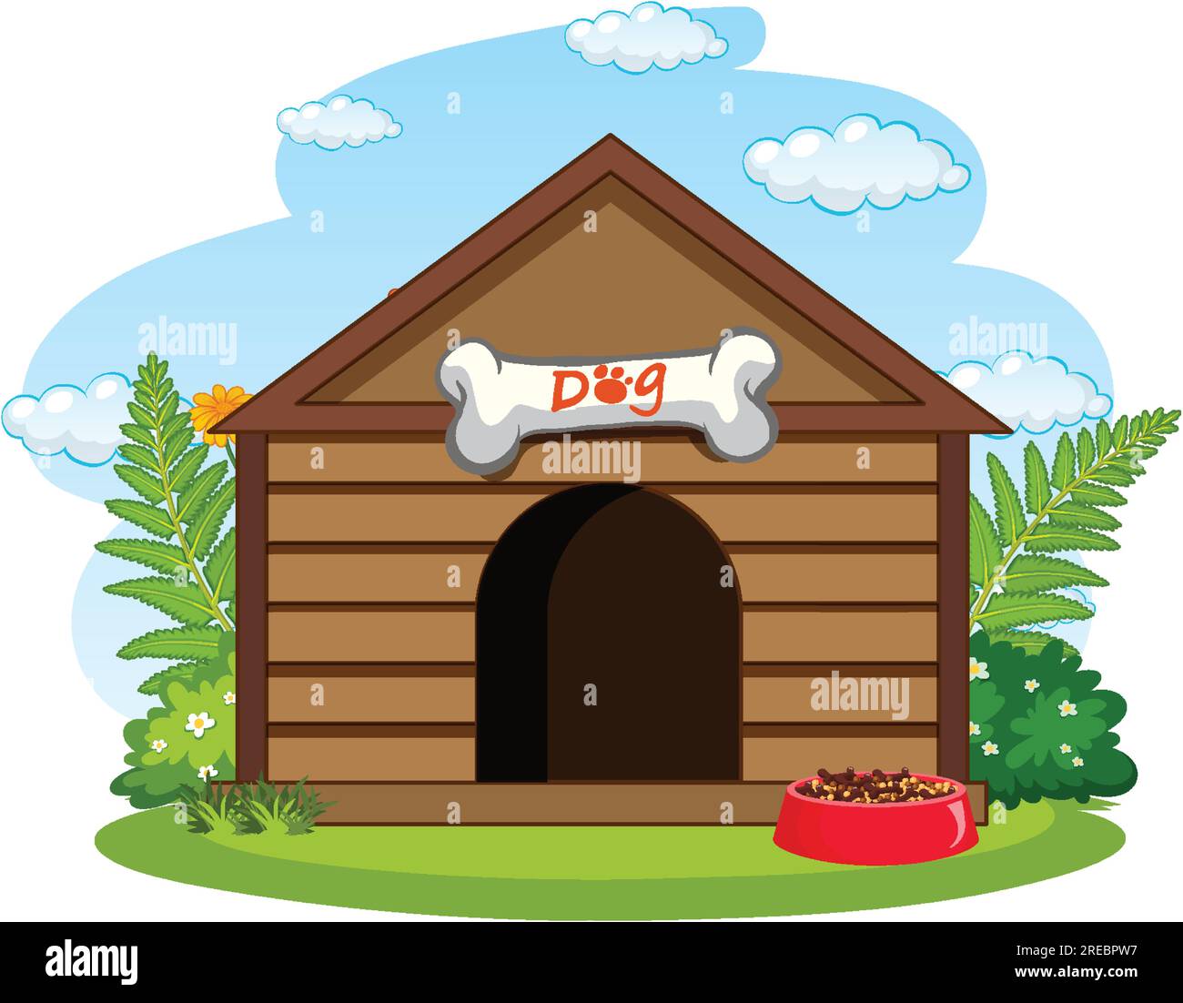 A cheerful cartoon illustration of a dog house in a garden Stock Vector ...