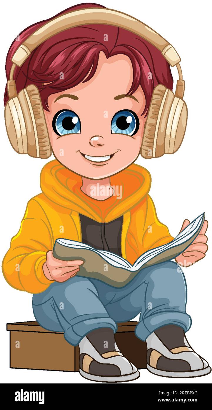 Boy reading a book and wearing headset illustration Stock Vector Image ...