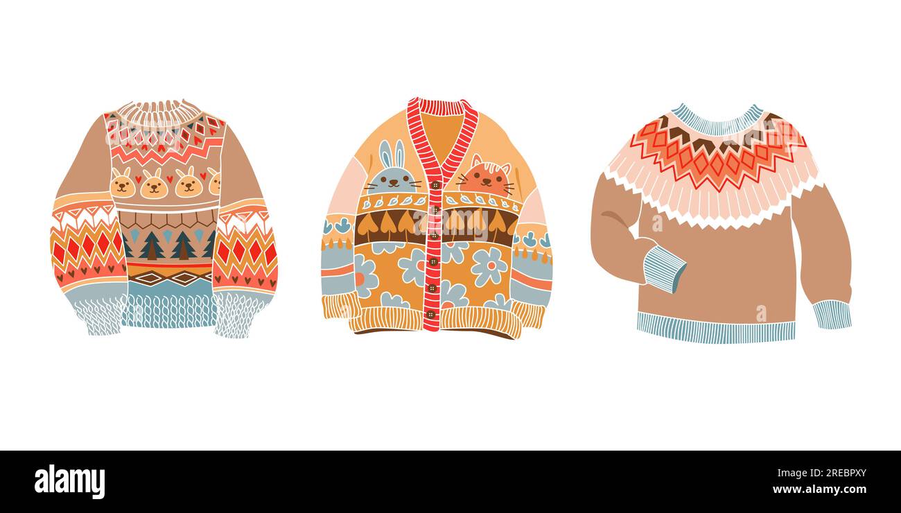 Cozy sweater set flat style. Cute warm clothes with ornament. Colored ...