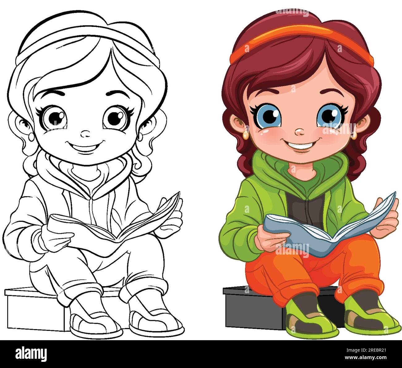 Girl cartoon reading book isolated and its doodle outline illustration ...