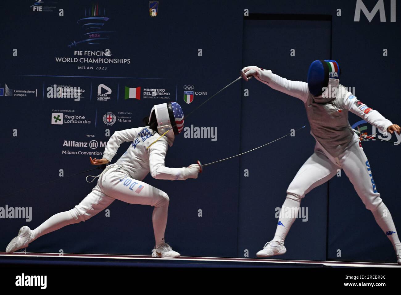 Alice Volpi of Italy (R) fights against Lee Kiefer of United States ...