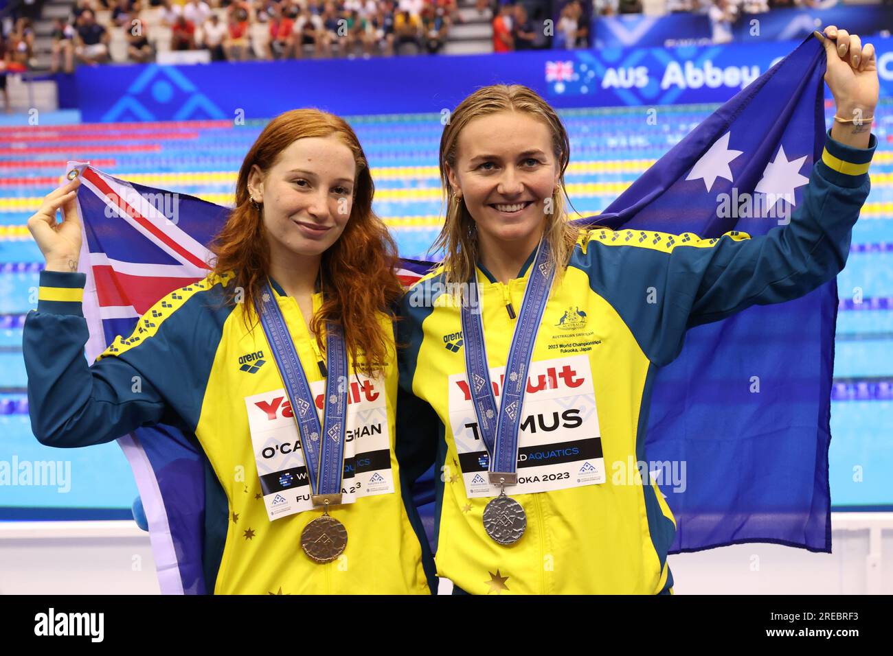 Mollie O'CALLAGHAN (AUS) and Ariarne TITMUS (AUS) celebrate their one - two finish in the final ...