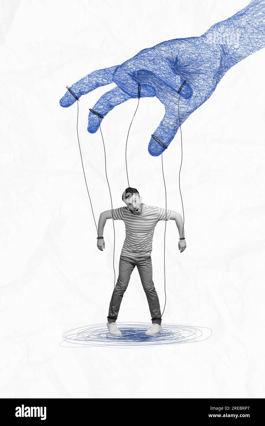 Vertical collage picture of painted big arm fingers hold hanging string ...