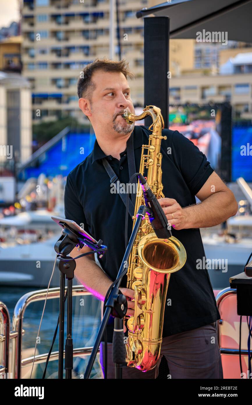 Monte Carlo, Monaco - May 24, 2023: Saxophone player performing at a ...