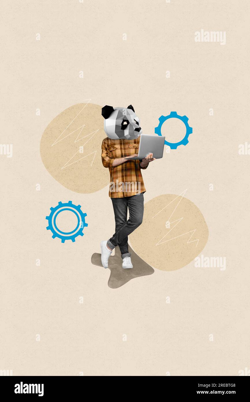 Vertical photo collage illustration of mask disguise panda animal ...