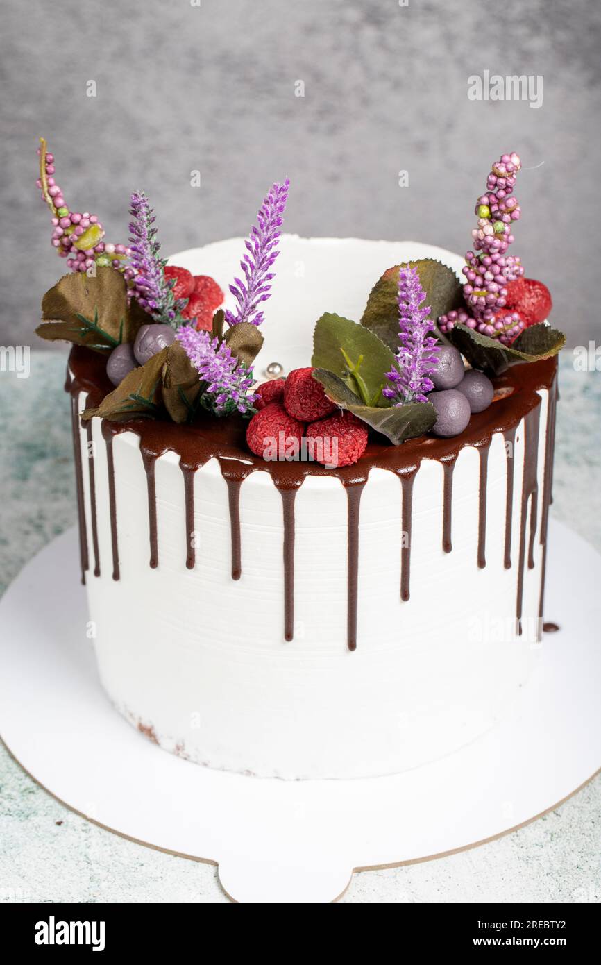 Creamy birthday cake on a gray background. Specially designed birthday ...