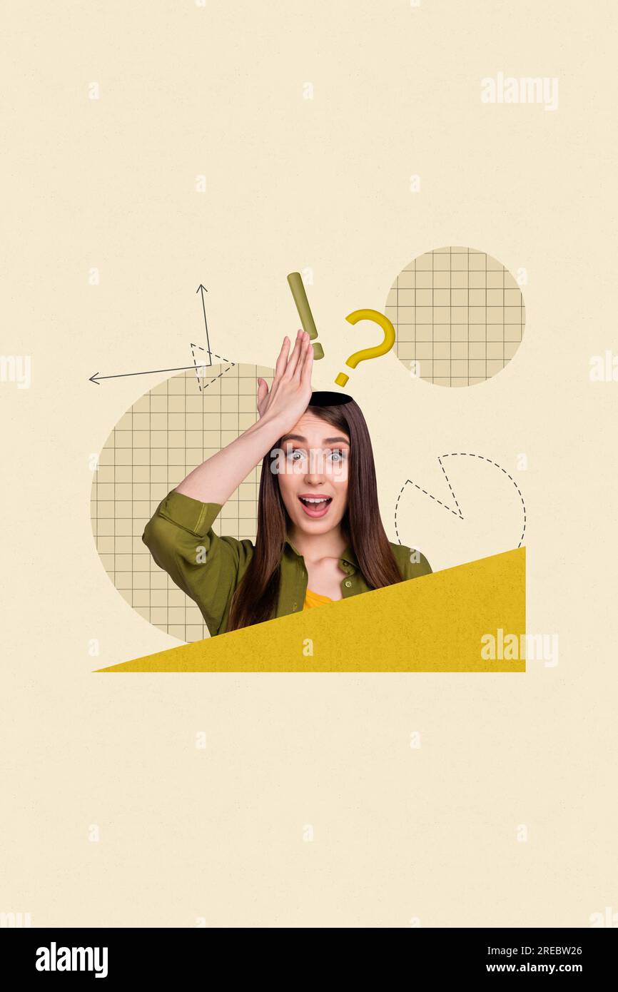 Vertical collage image of astonished funky girl arm touch forehead ...