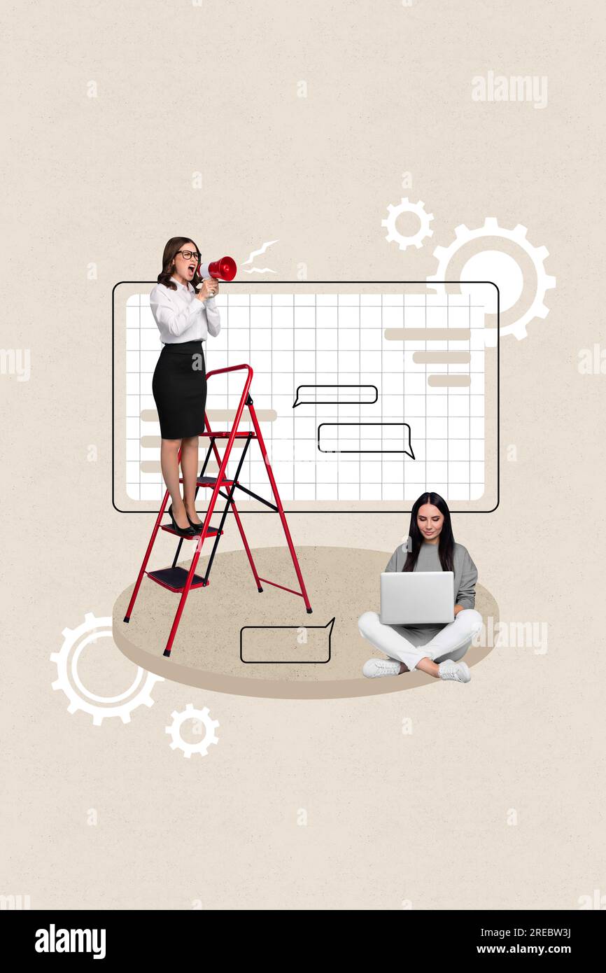 Vertical collage picture of crazy angry elegant girl climb ladder ...