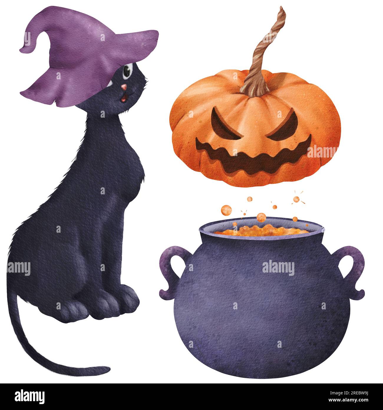 Halloween set of cute witch cat in hat, pumpkin with funny scary black ...