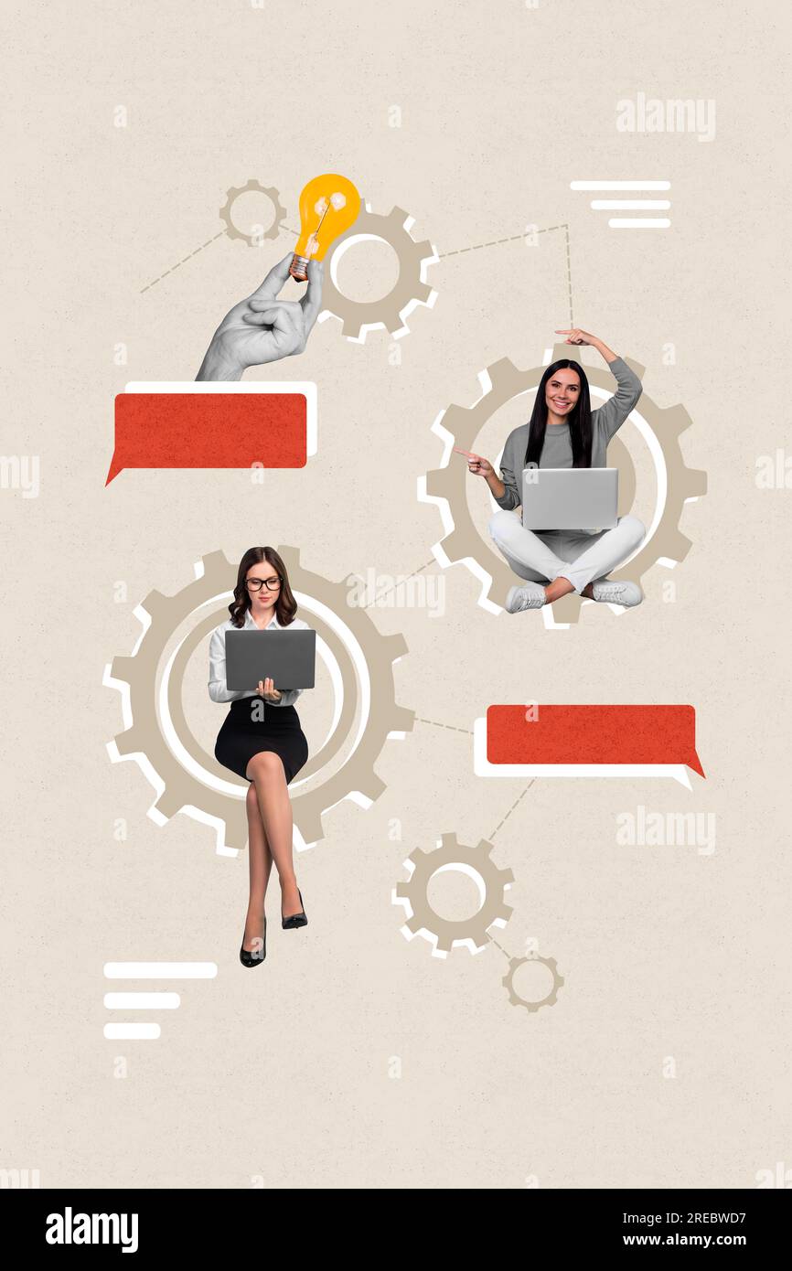 Collage picture illustration of teamwork colleagues girls remote job ...