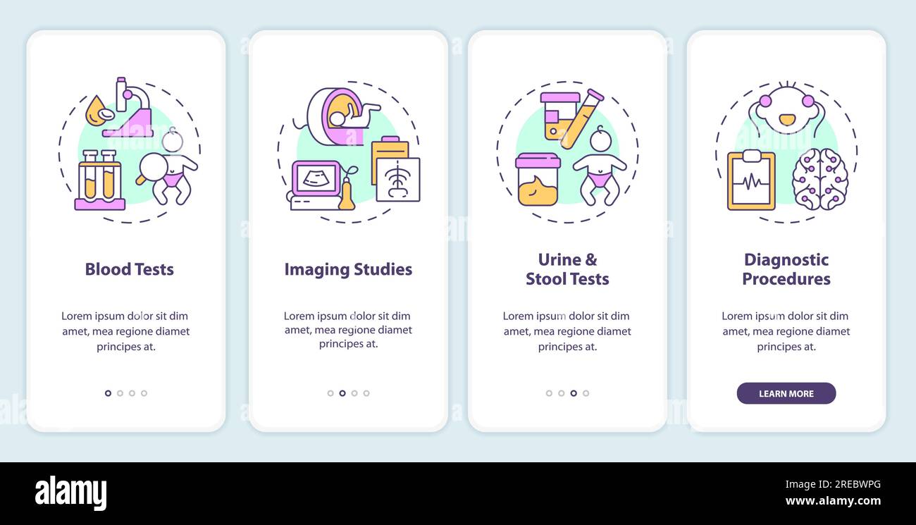 Diagnostic procedures for kids onboarding mobile app screen Stock ...