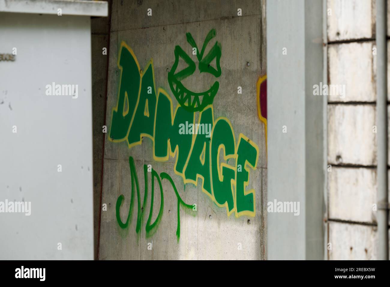 Lathen, Germany. 24th July, 2023. A graffiti "Damage" is emblazoned on ...