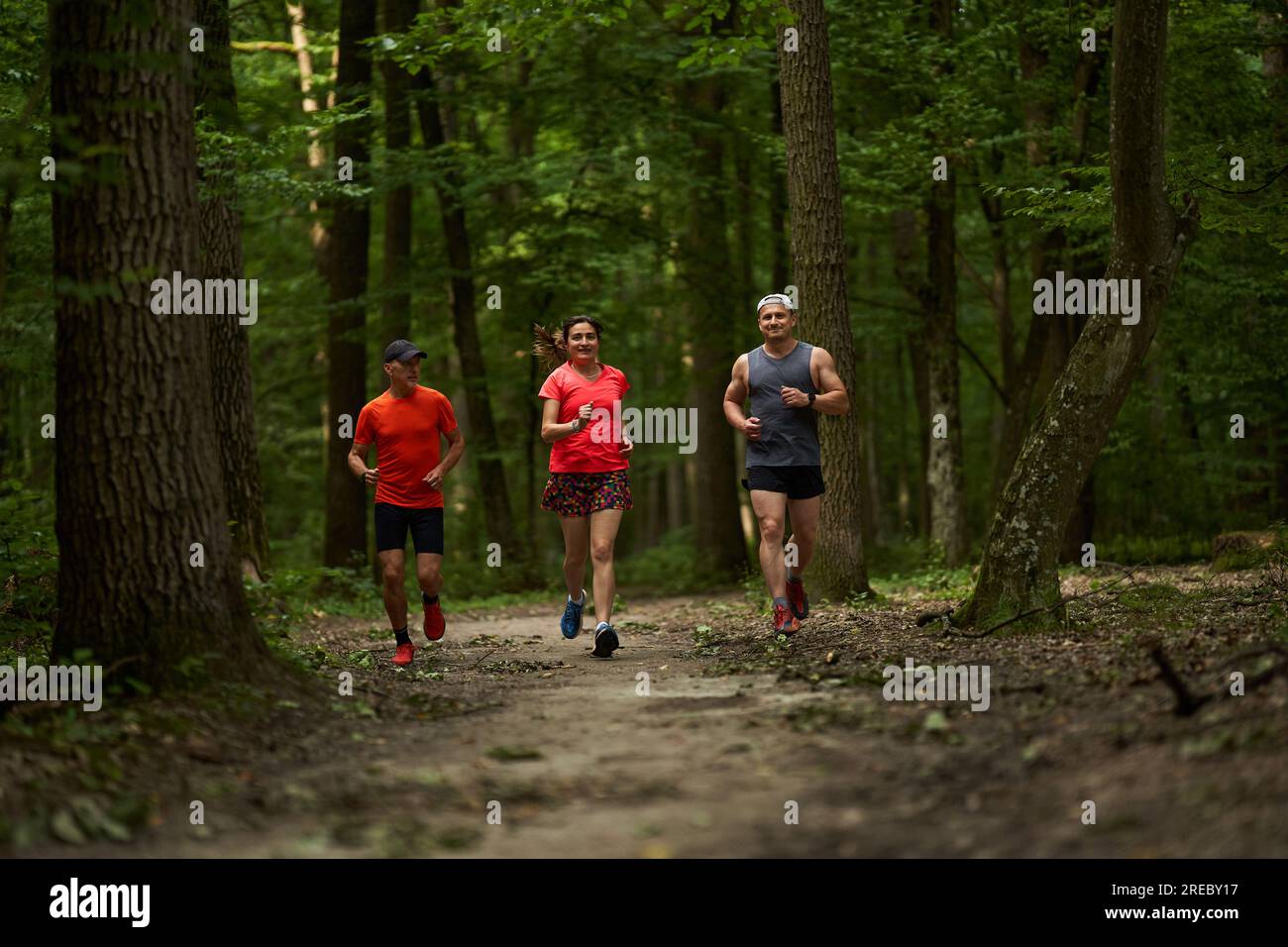 A group of three runners, jogging on a running trail through the forest ...