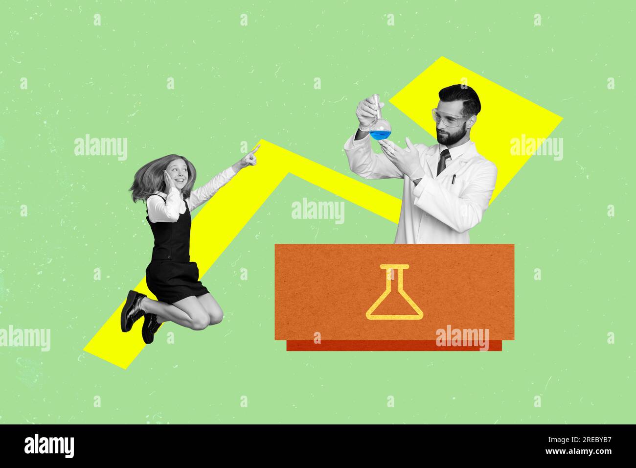 Collage picture of excited black white colors girl jump point finger ...