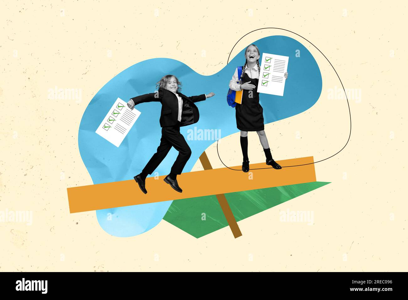 Collage of laughing two classmates joke hold paper sheet questionnaire ...