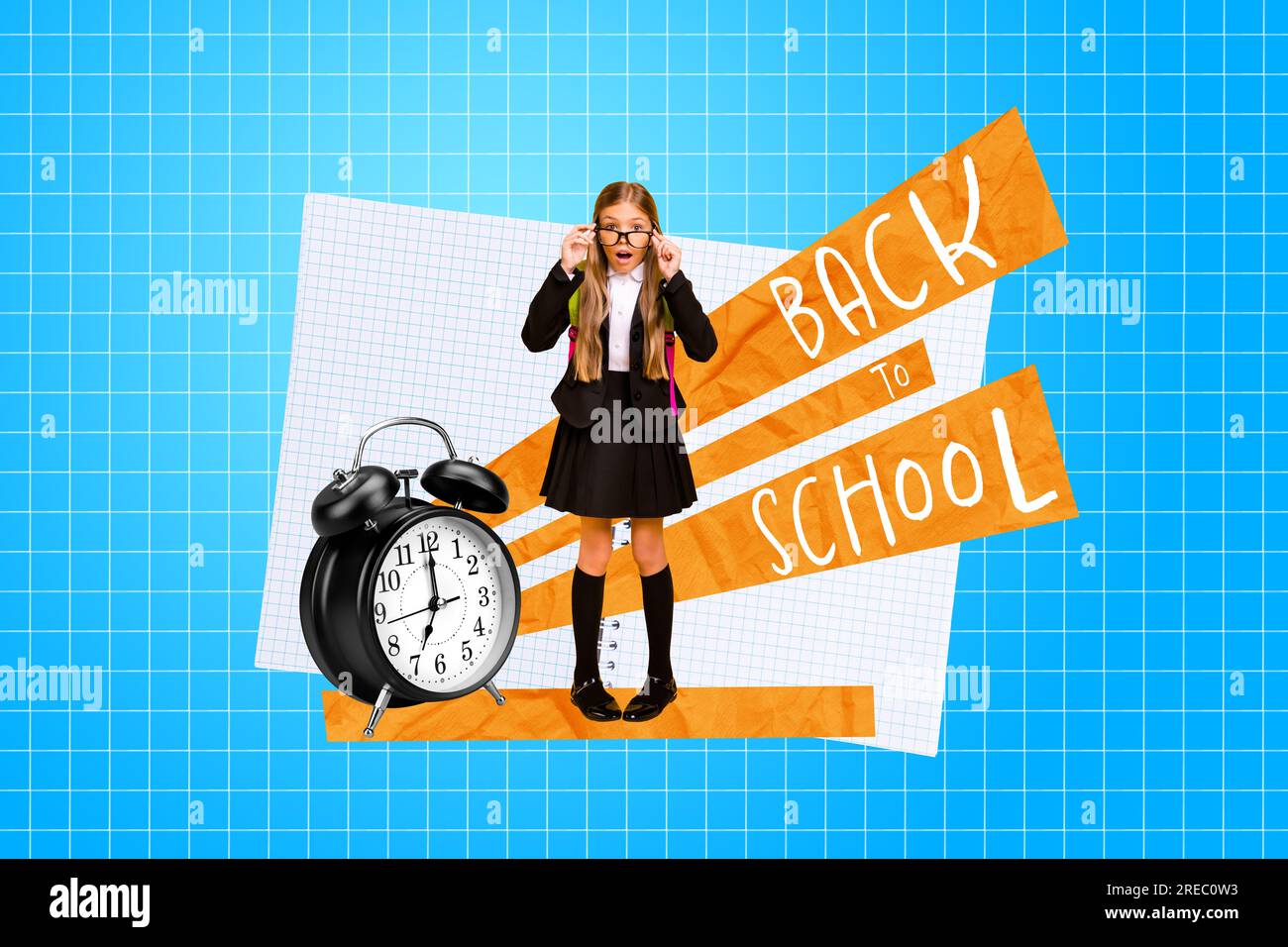 Collage of young schoolgirl surprised forgot deadline early morning ...