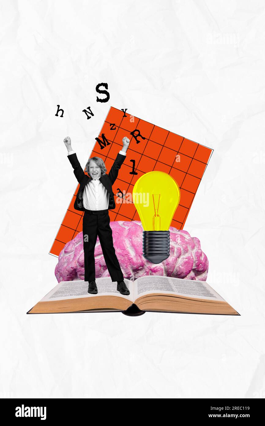 Vertical collage of diligent little boy school student pupil celebrate decision lightbulb brain ...