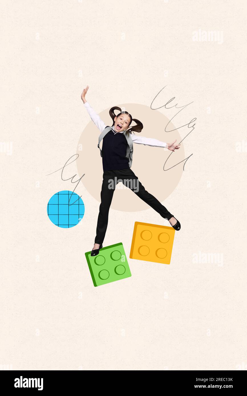 Creative collage template of funky schoolgirl jumping after lessons ...