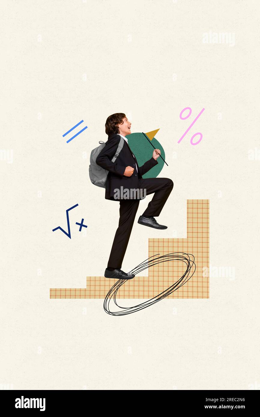 Vertical creative collage image of excited energetic schoolboy stairs ...