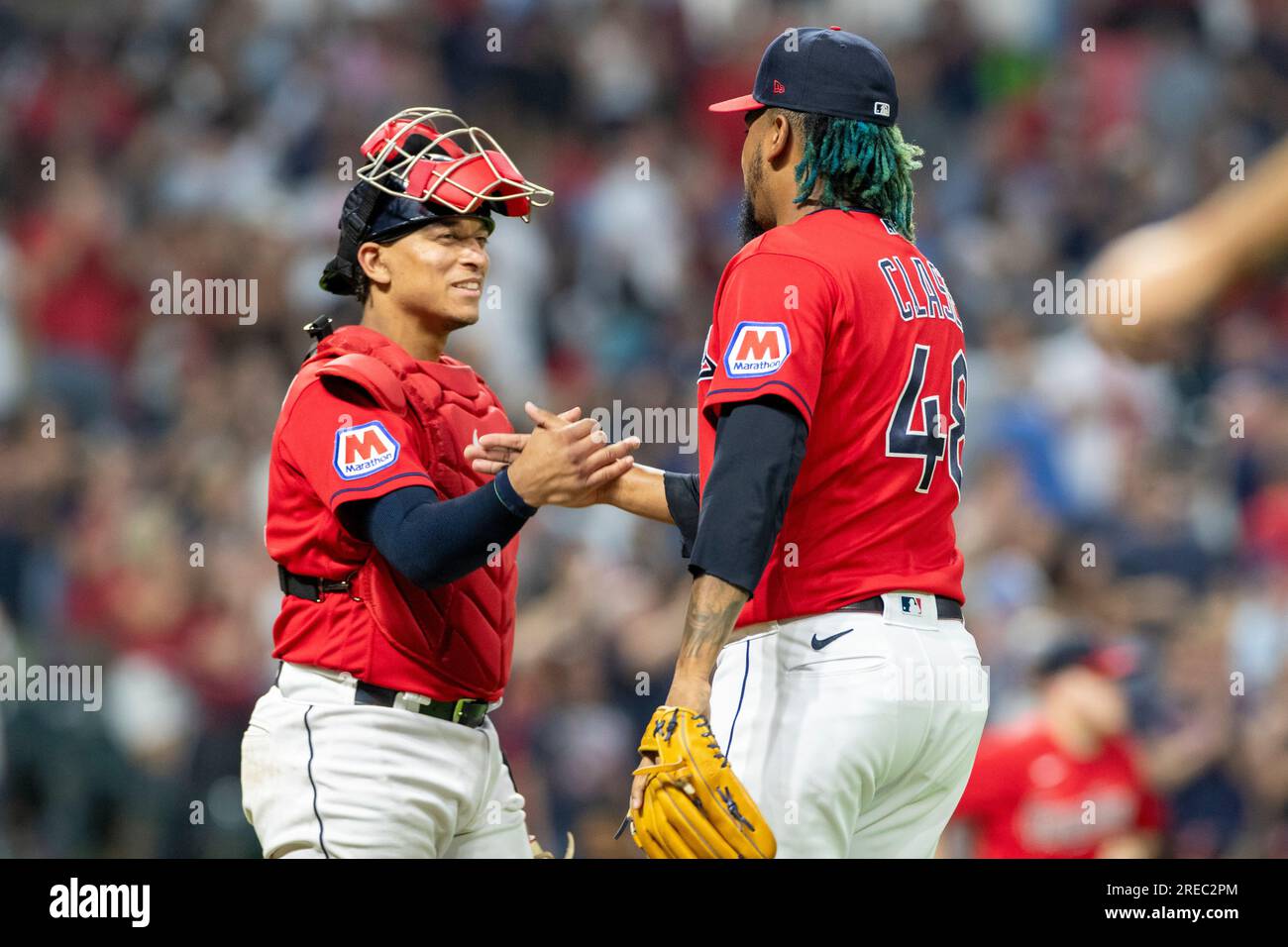 Cleveland Guardians relief pitcher Emmanuel Clase (48) celebrates a ...