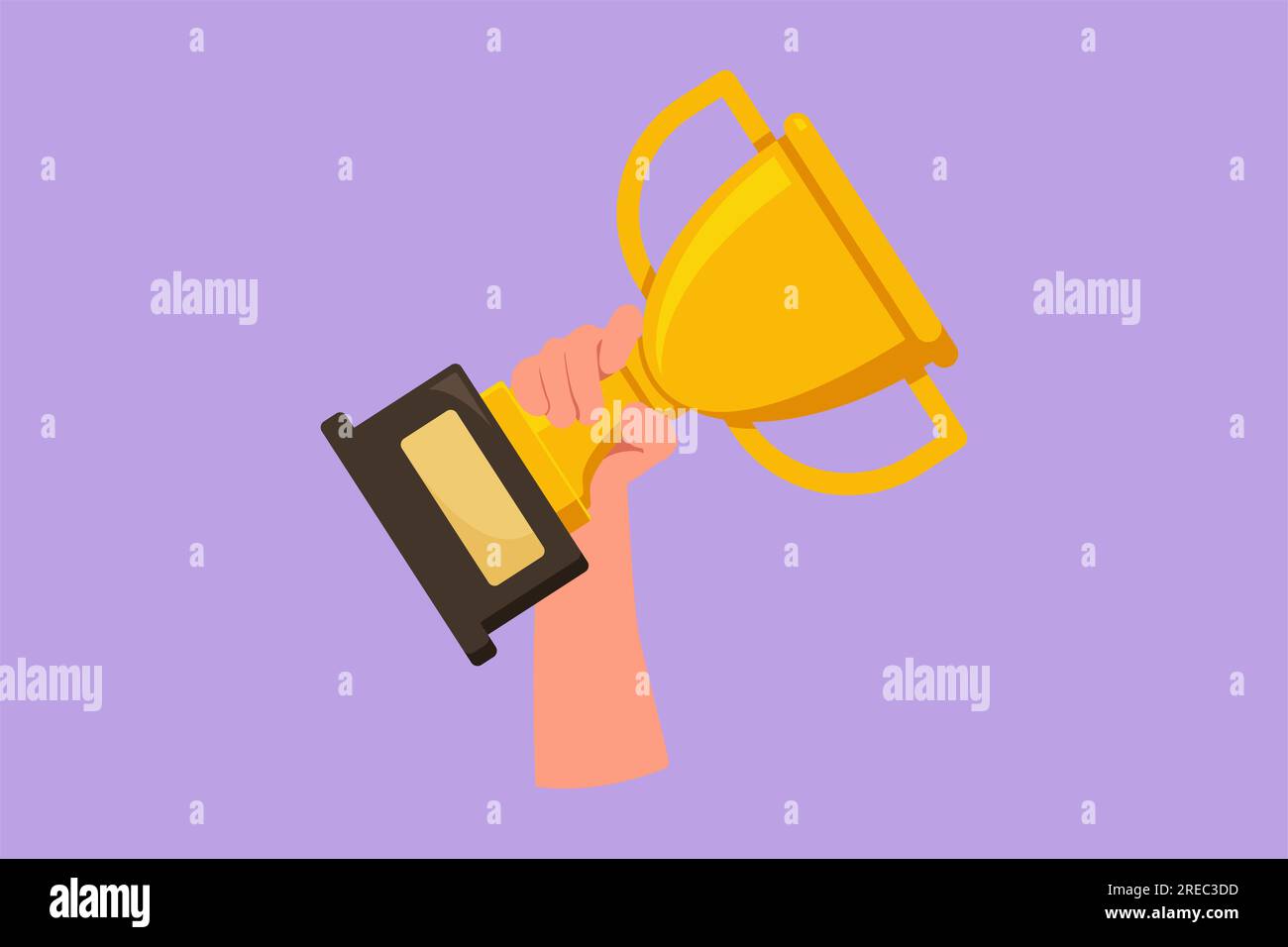 Cartoon flat style drawing gold trophy held by one hand. Athlete hand ...