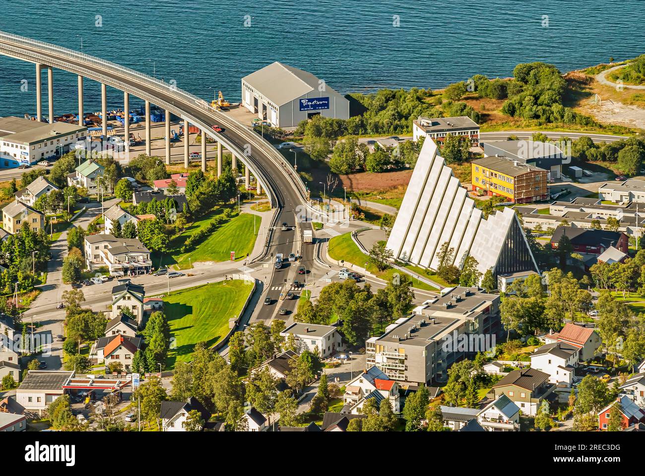 Aerial view of the Tromso Artic Cathedral seen from Mount Storsteinen ...