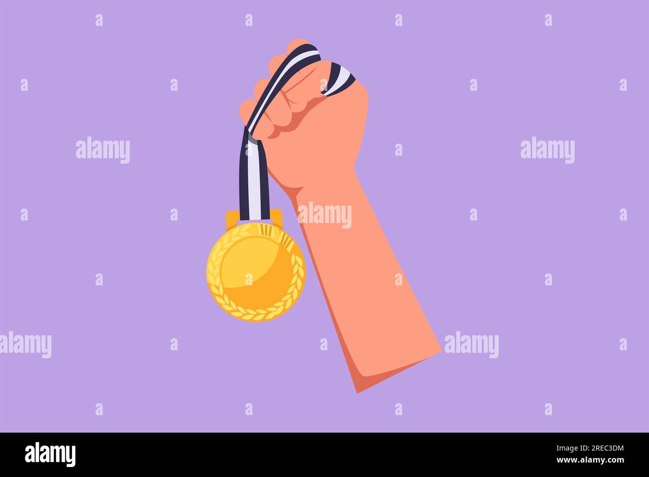 Cartoon flat style drawing of gold medal held by one hand. Athlete hand ...