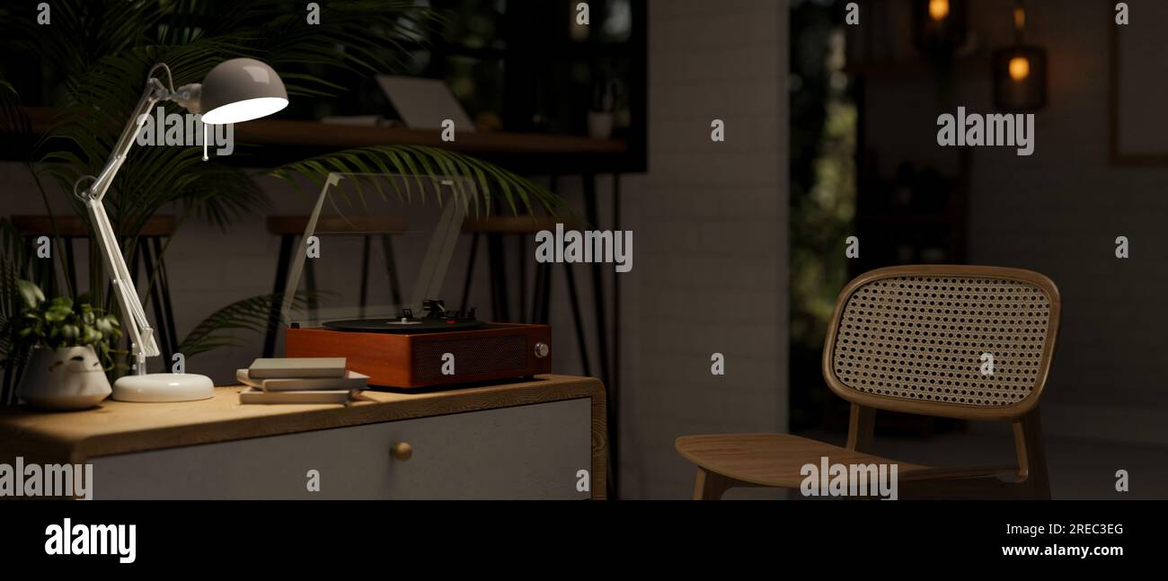 Close-up image of a vintage record player on a minimal drawer in a cozy ...